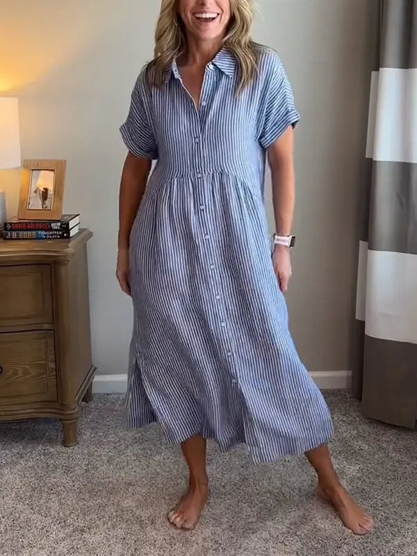 Sara™ – Vestido camisero de rayas con corte relajado y bolsillos later ...