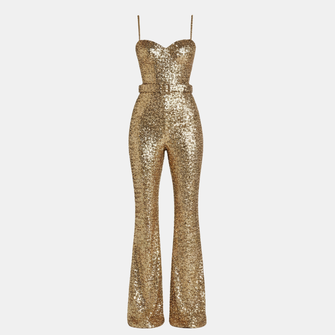 Lucinda Sequin Jumpsuit for Women – Chic Gold Flared Elegance – FJØRNA