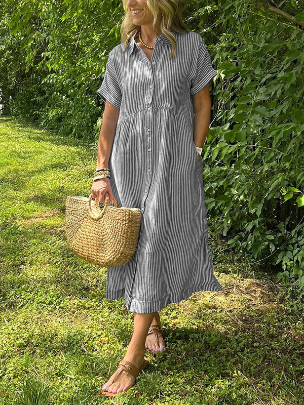 Sara™ – Vestido camisero de rayas con corte relajado y bolsillos later ...